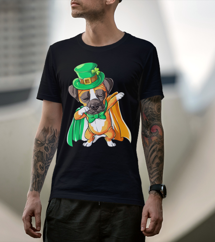 Dabbing Boxer Puppy St Patricks Day Leprechaun Costume Irish Flag T-Shirt
