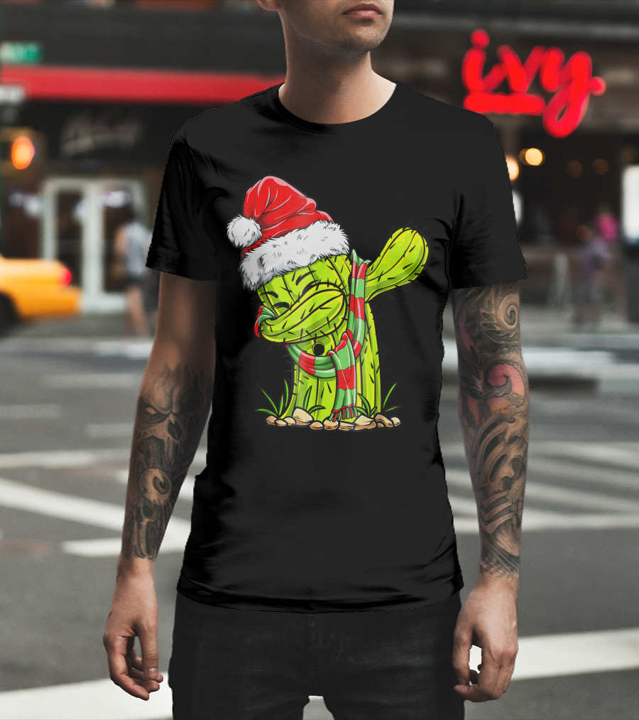 Dabbing Cactus Santa Christmas Hat And Scarf T-Shirt