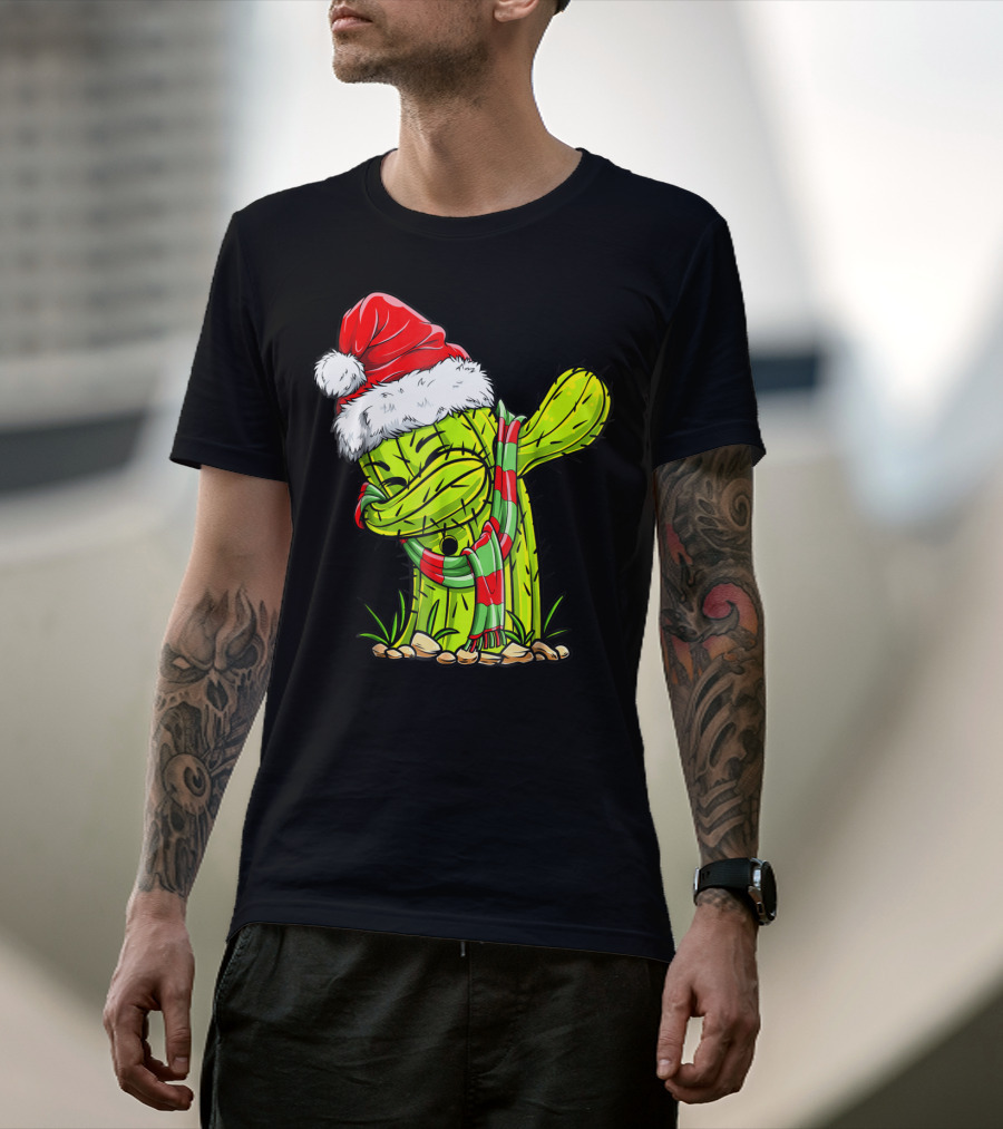 Dabbing Cactus Santa Christmas Hat And Scarf T-Shirt