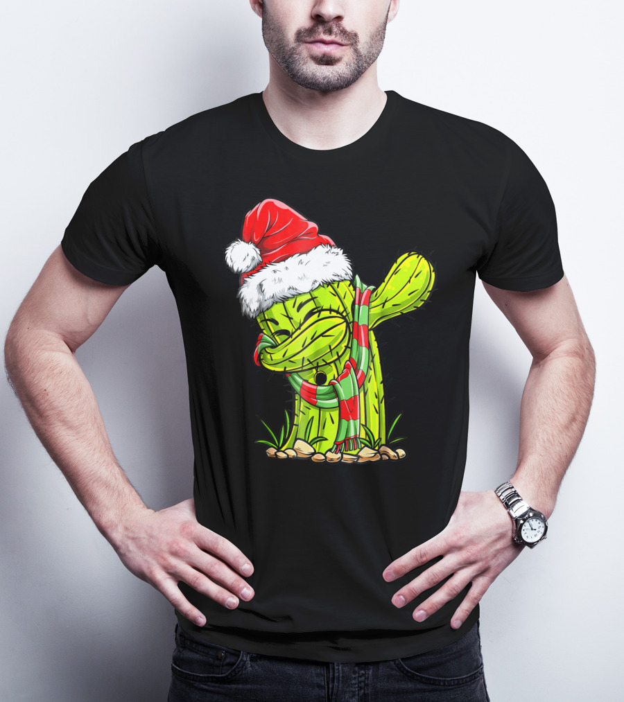 Dabbing Cactus Santa Christmas Hat And Scarf T-Shirt
