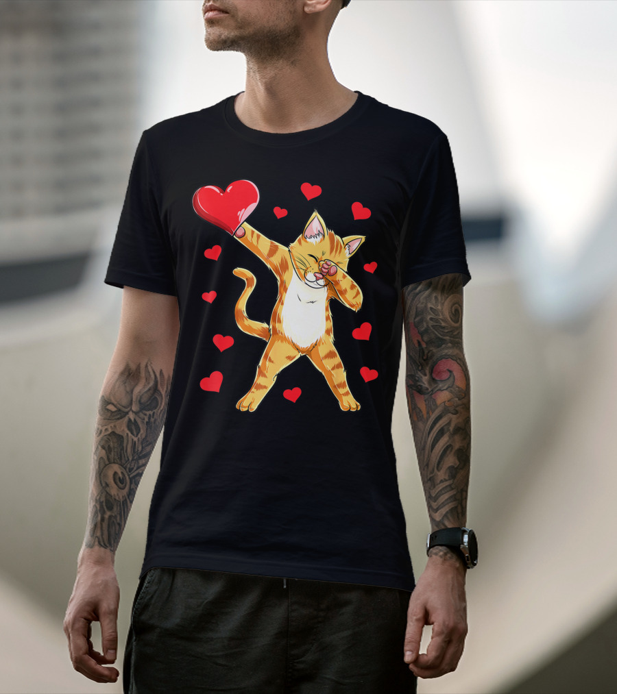Cute Dabbing Cat With Hearts For Valentine's Day Kitten Lovers T-Shirt