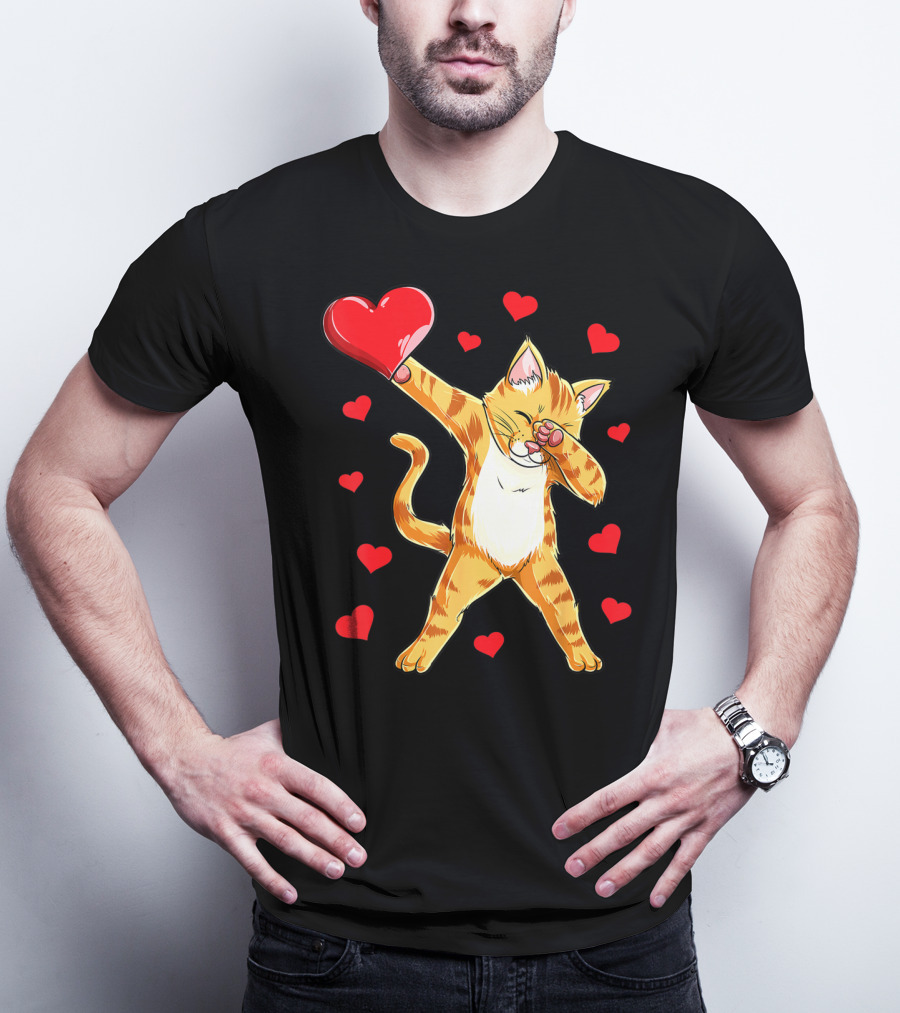 Cute Dabbing Cat With Hearts For Valentine's Day Kitten Lovers T-Shirt