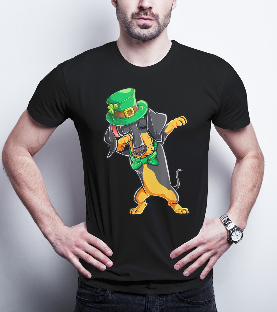 Dabbing Dachshund St Patricks Day Leprechaun Hat And Bow Tie T-Shirt