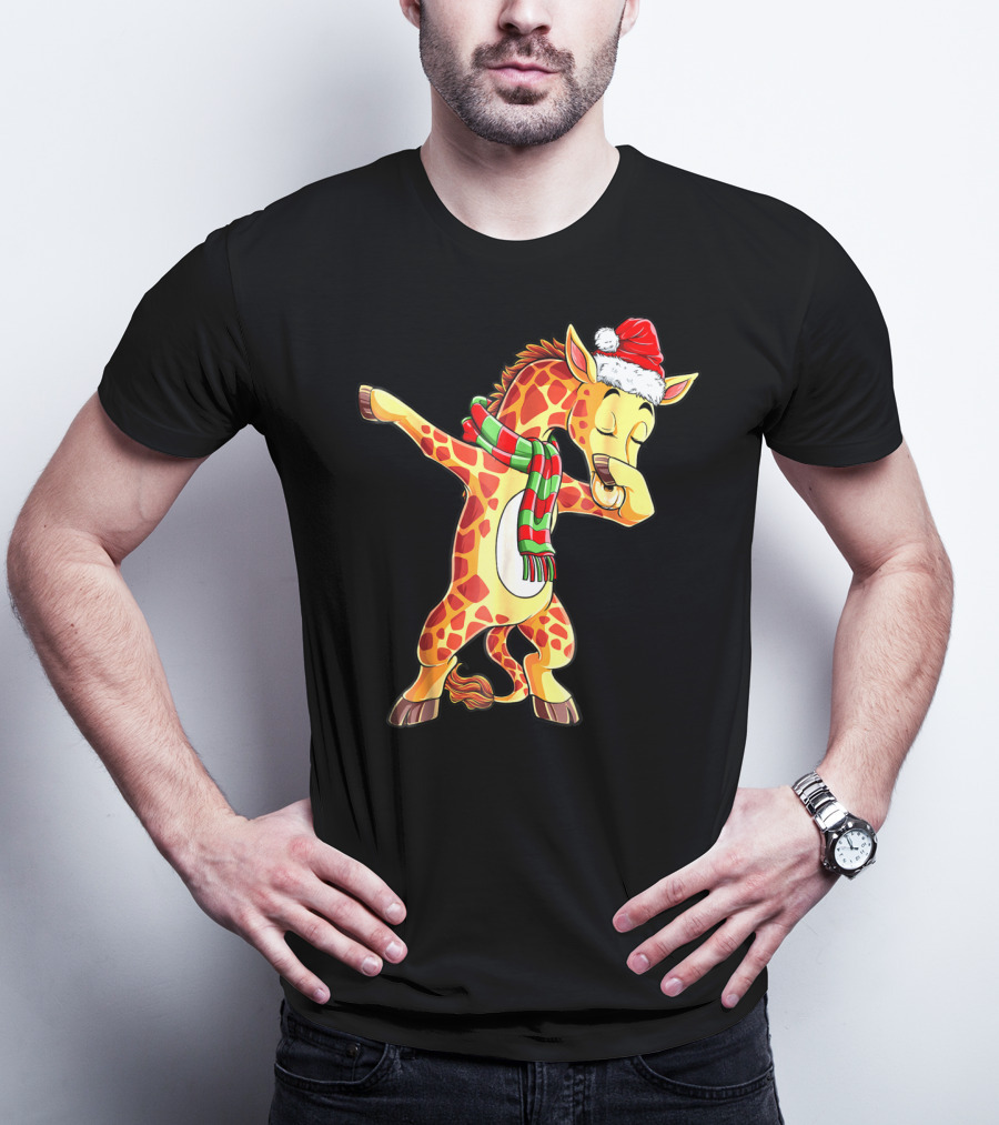 Dabbing Giraffe Santa With Christmas Hat And Scarf T-Shirt
