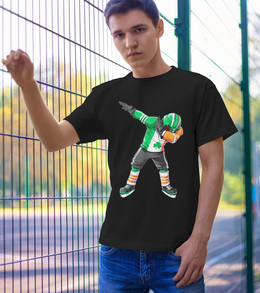 St Patricks Day Ireland Flag Dabbing Hockey Player Irish Shamrock T-Shirt