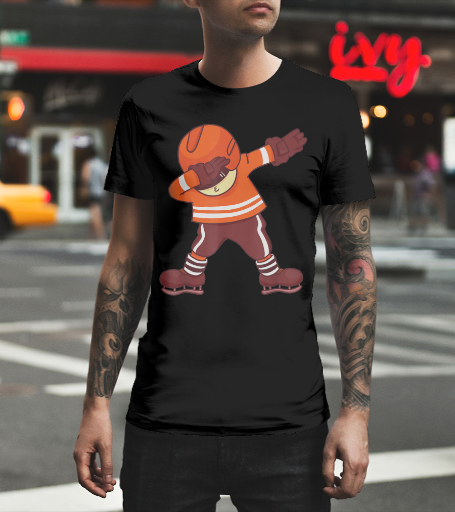 Dabbing Ice Hockey Player In Orange Gear With Striped Legs T-Shirt