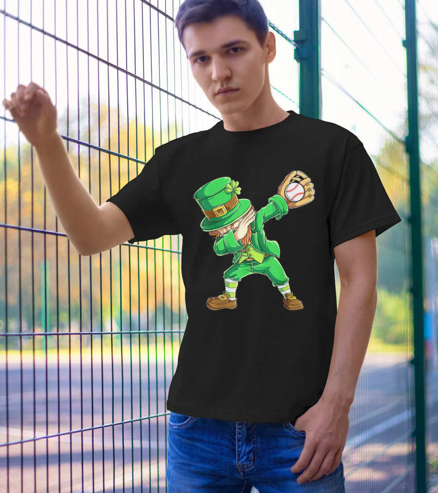 Dabbing Leprechaun Holding Baseball Glove T-Shirt