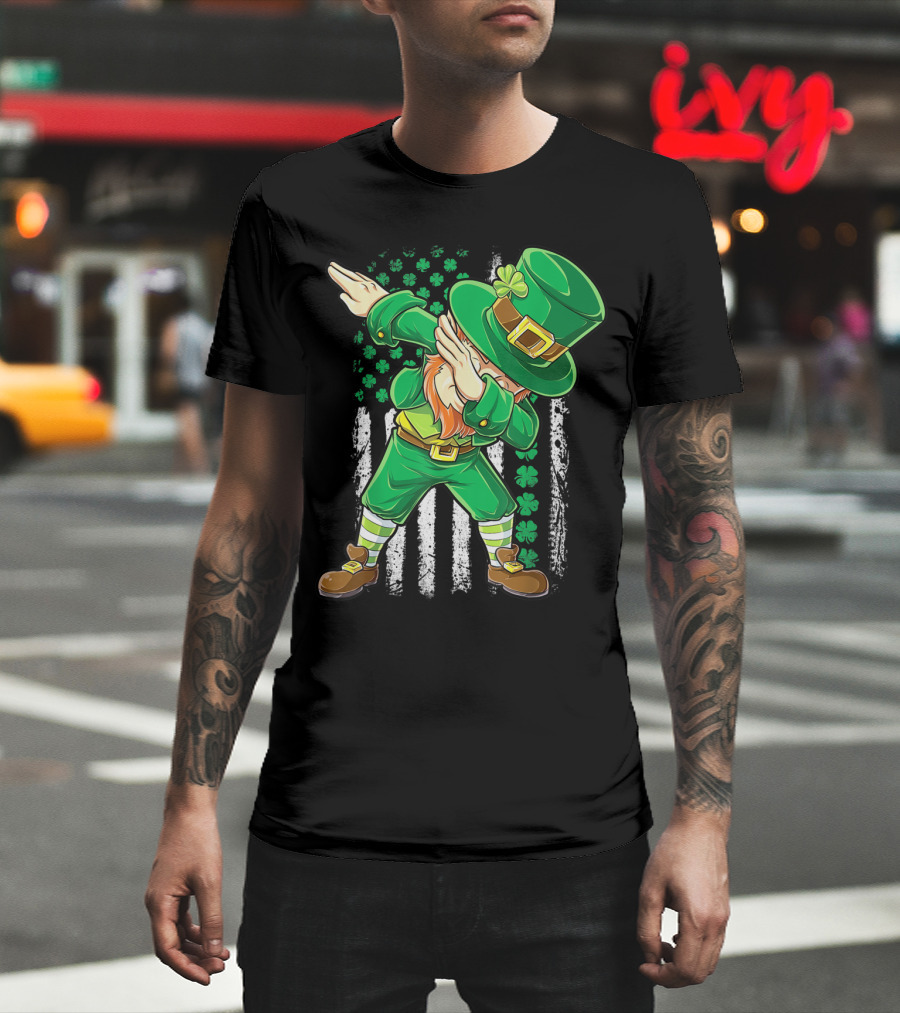 Dabbing Leprechaun With Irish American Flag Background And Shamrocks T-Shirt