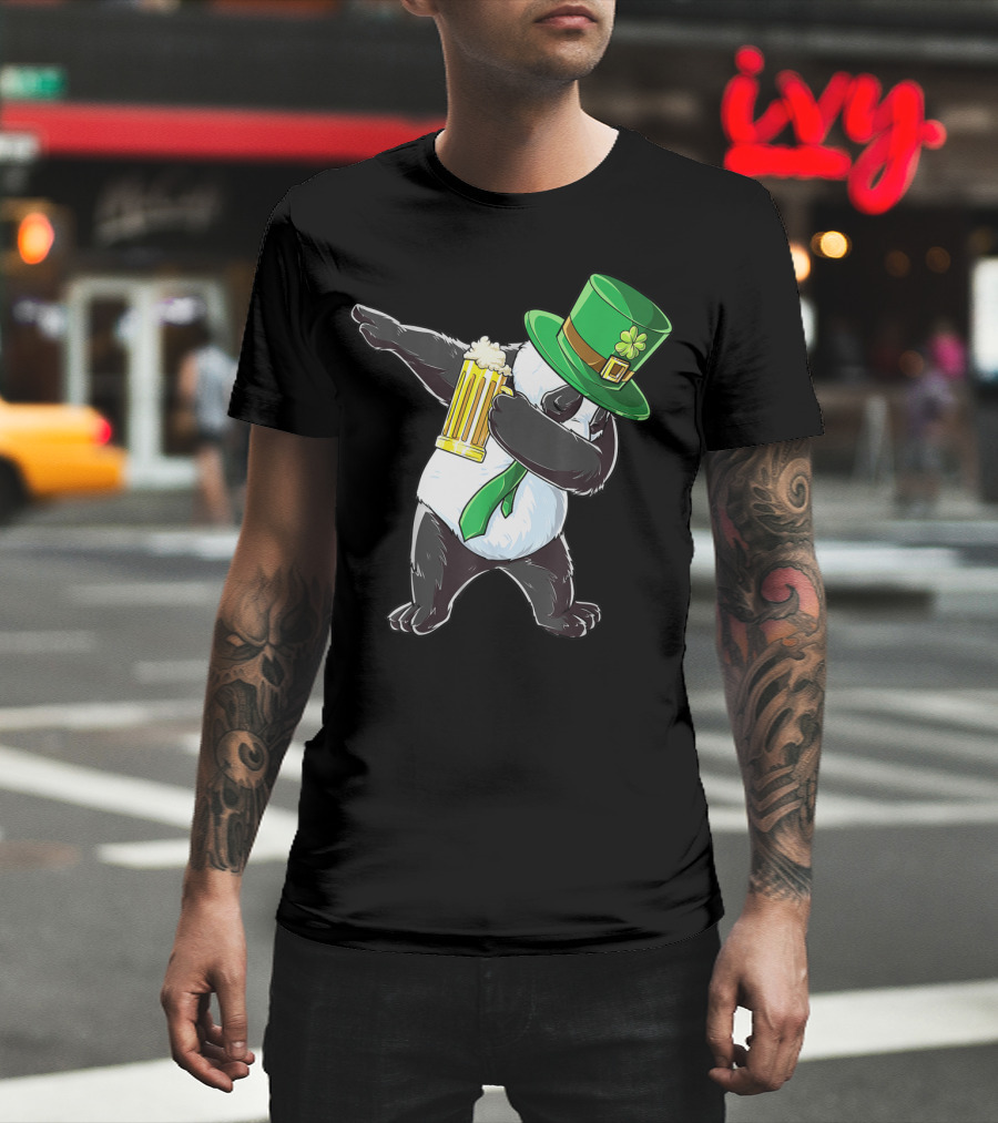 Dabbing Panda With Green Leprechaun Hat And Beer T-Shirt