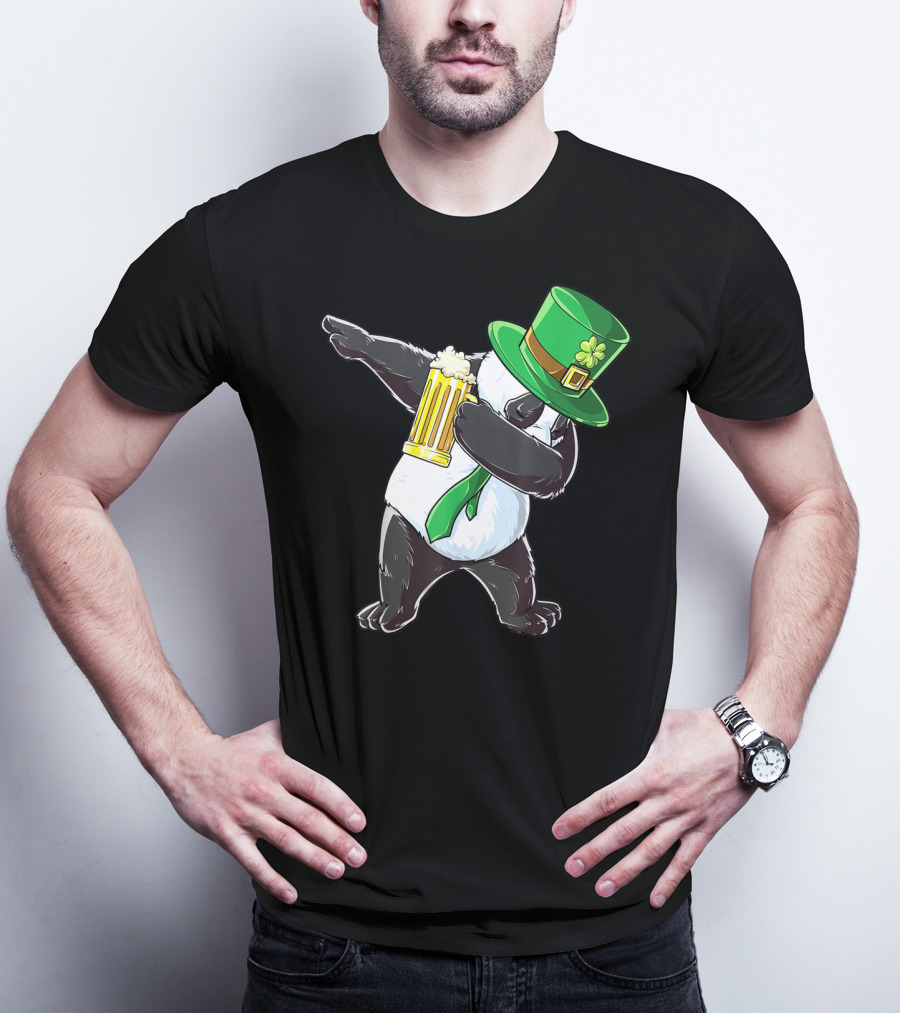 Dabbing Panda With Green Leprechaun Hat And Beer T-Shirt