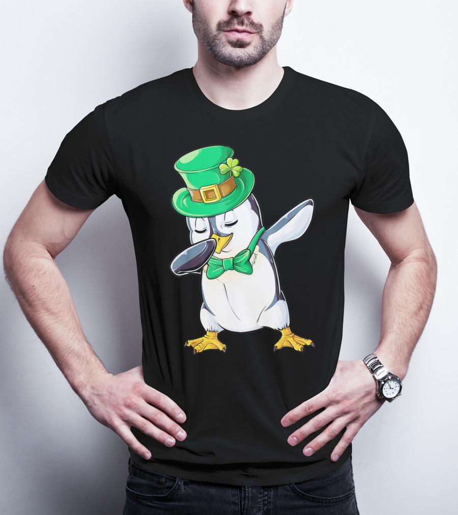Dabbing Penguin St Patricks Day Leprechaun Hat And Bow Tie T-Shirt