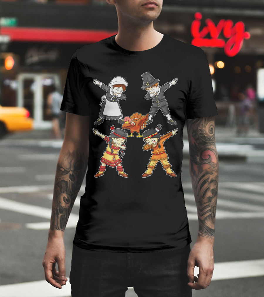 Dabbing Pilgrim And Native American Characters With Turkey T-Shirt