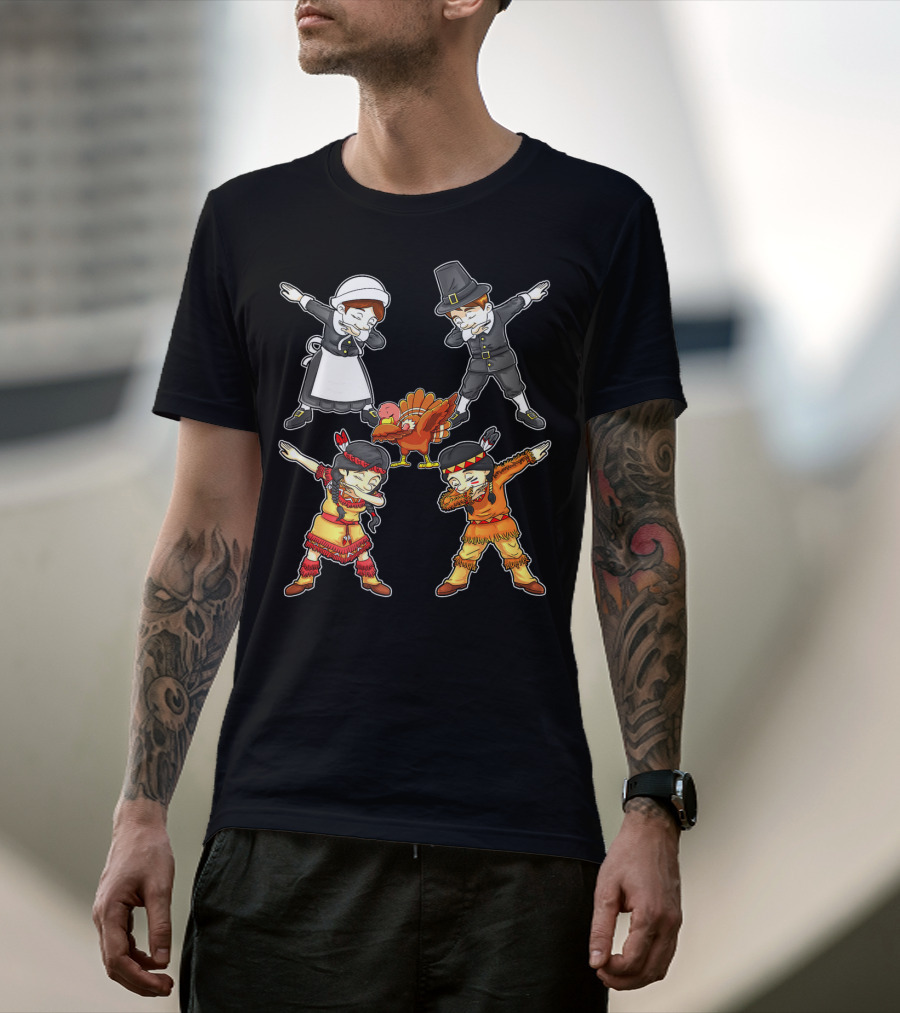 Dabbing Pilgrim And Native American Characters With Turkey T-Shirt