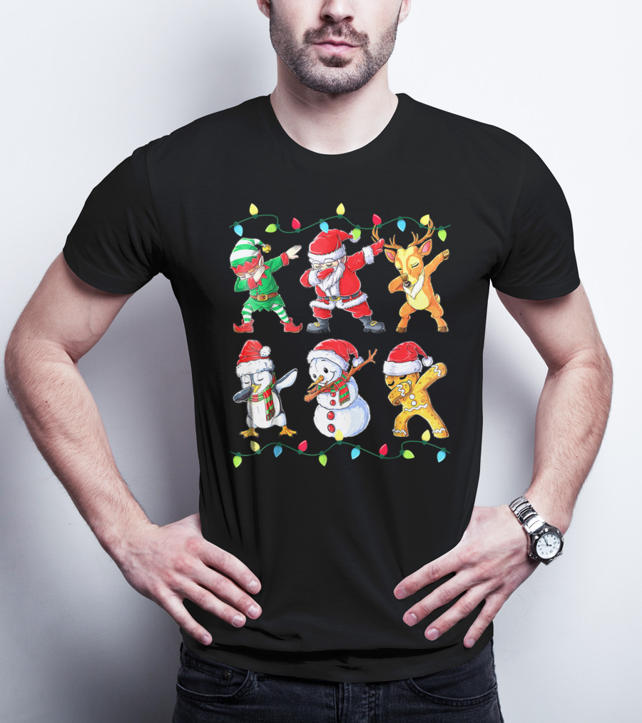 Santa Elf Reindeer Snowman Penguin Gingerbread Dabbing Friends T-Shirt