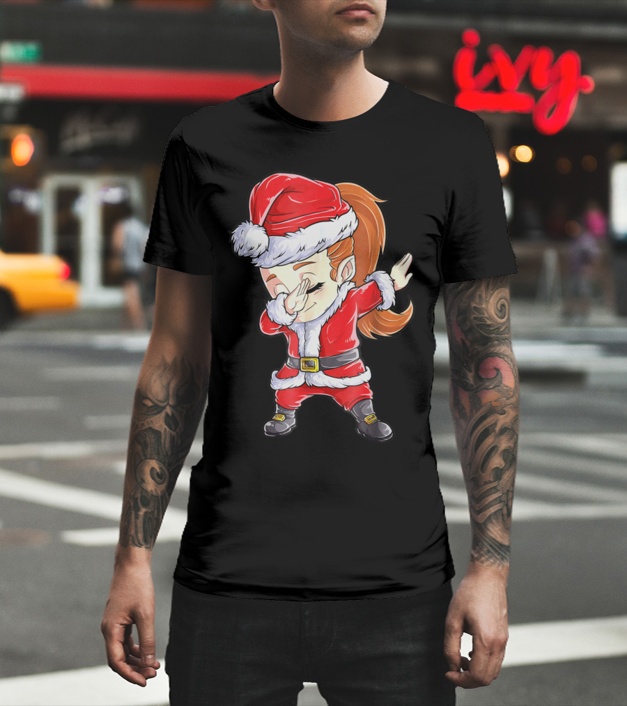 Dabbing Santa Christmas Girls Red Suit White Fur Black Boots T-Shirt