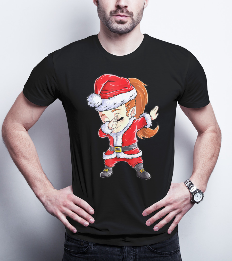 Dabbing Santa Christmas Girls Red Suit White Fur Black Boots T-Shirt