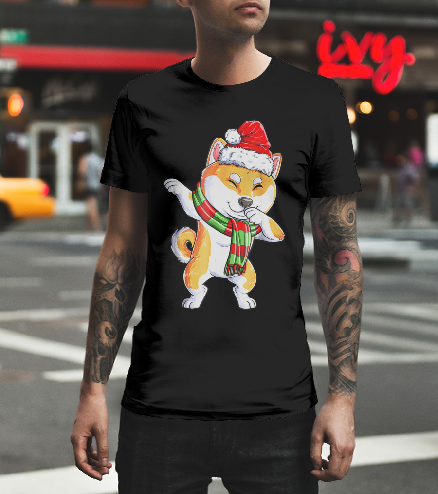Dabbing Shiba Inu Santa Christmas Scarf Dance T-Shirt