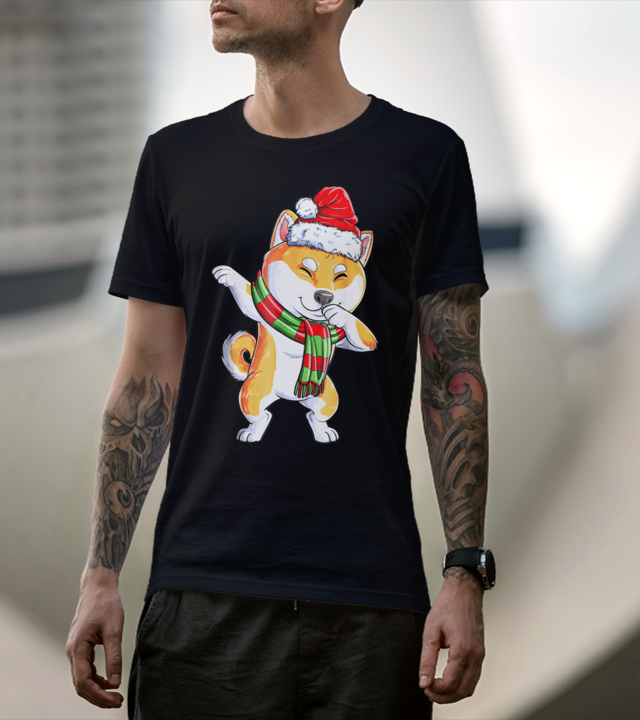 Dabbing Shiba Inu Santa Christmas Scarf Dance T-Shirt