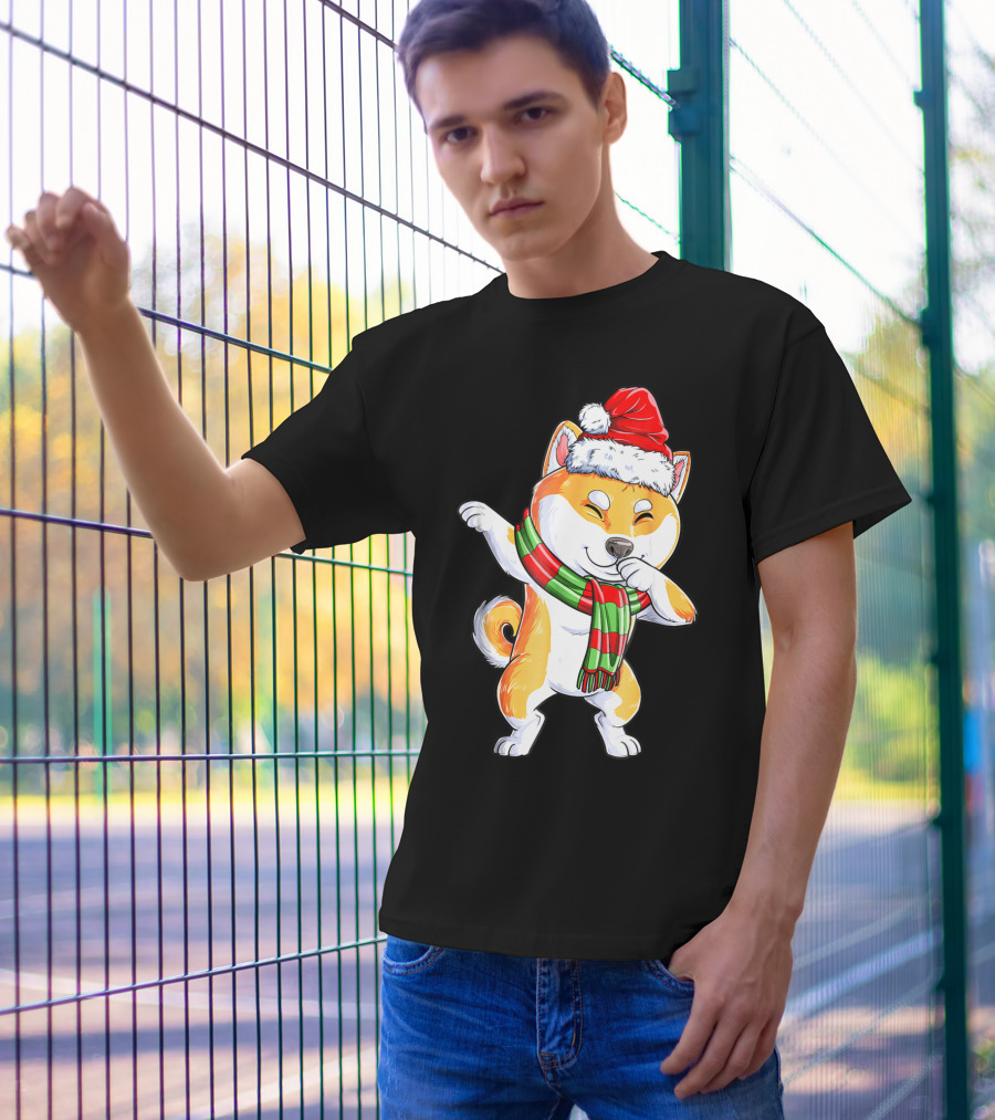 Dabbing Shiba Inu Santa Christmas Scarf Dance T-Shirt