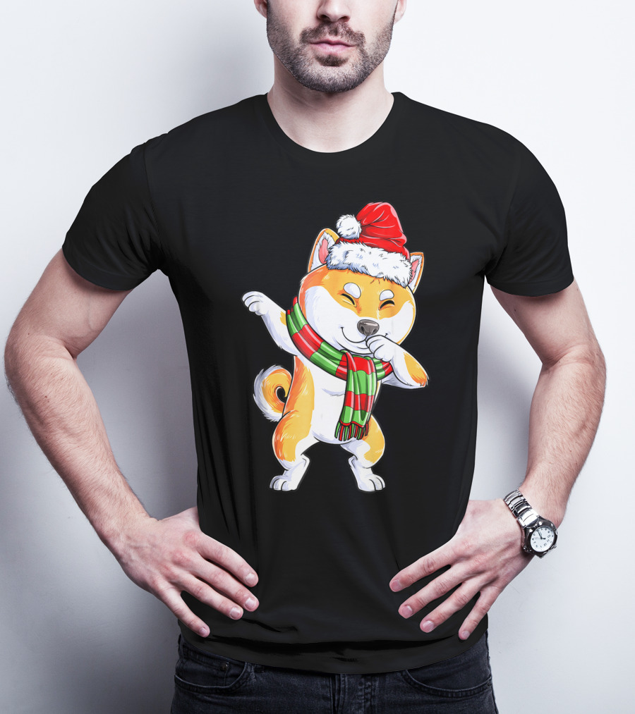 Dabbing Shiba Inu Santa Christmas Scarf Dance T-Shirt