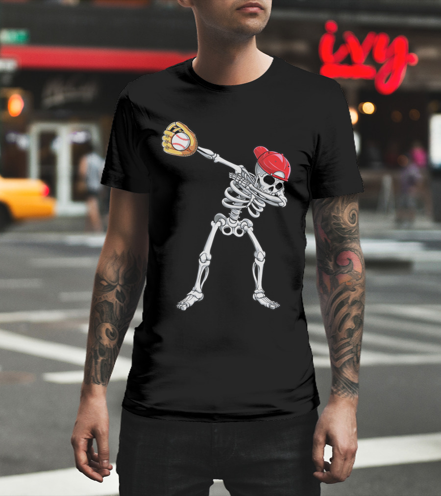 Dabbing Skeleton Baseball Halloween Boys Red Hat T-Shirt