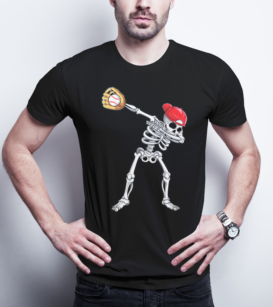 Dabbing Skeleton Baseball Halloween Boys Red Hat T-Shirt