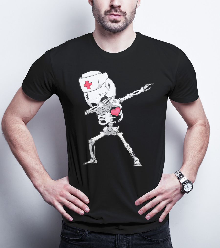 Dabbing Skeleton Nurse Xray Heart Halloween Dab T-Shirt