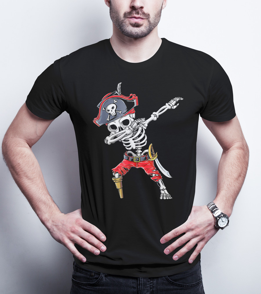 Dabbing Skeleton Pirate Kids Halloween Jolly Roger T-Shirt