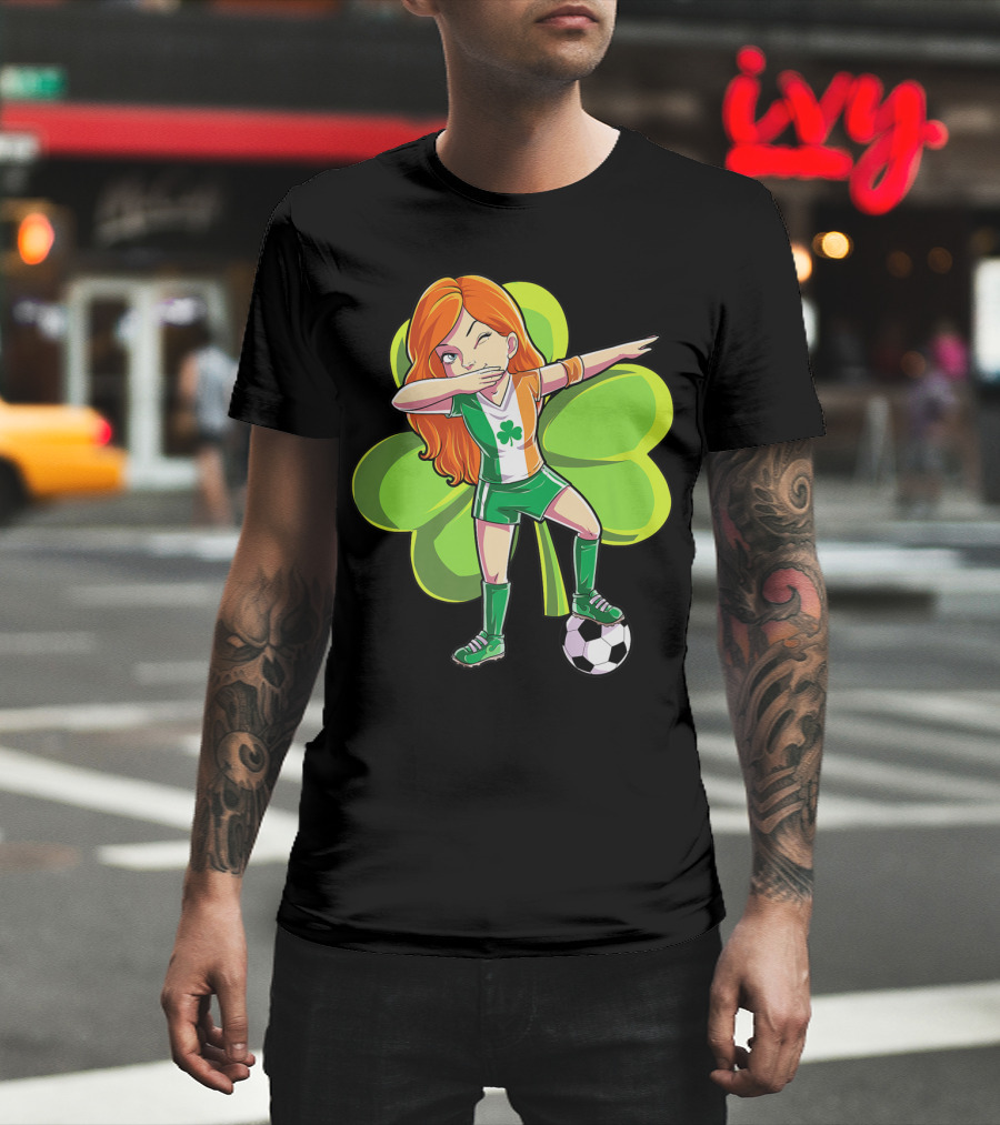 Dabbing Soccer Girl St Patricks Day Irish Shamrock T-Shirt