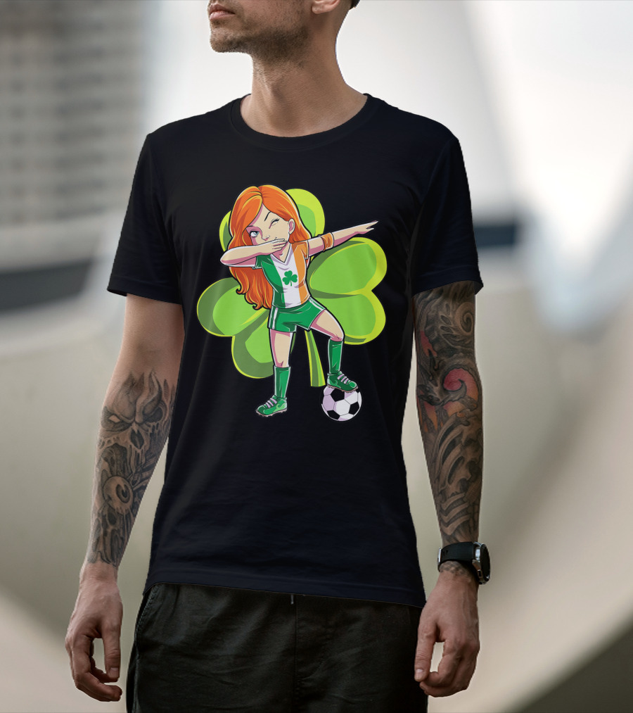 Dabbing Soccer Girl St Patricks Day Irish Shamrock T-Shirt
