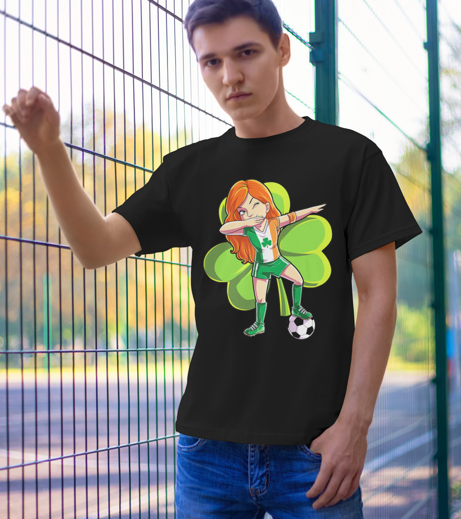 Dabbing Soccer Girl St Patricks Day Irish Shamrock T-Shirt