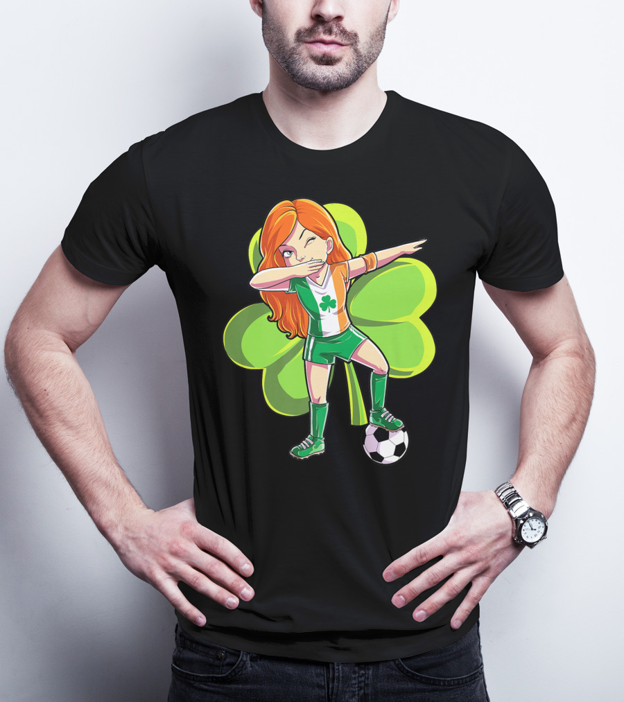 Dabbing Soccer Girl St Patricks Day Irish Shamrock T-Shirt