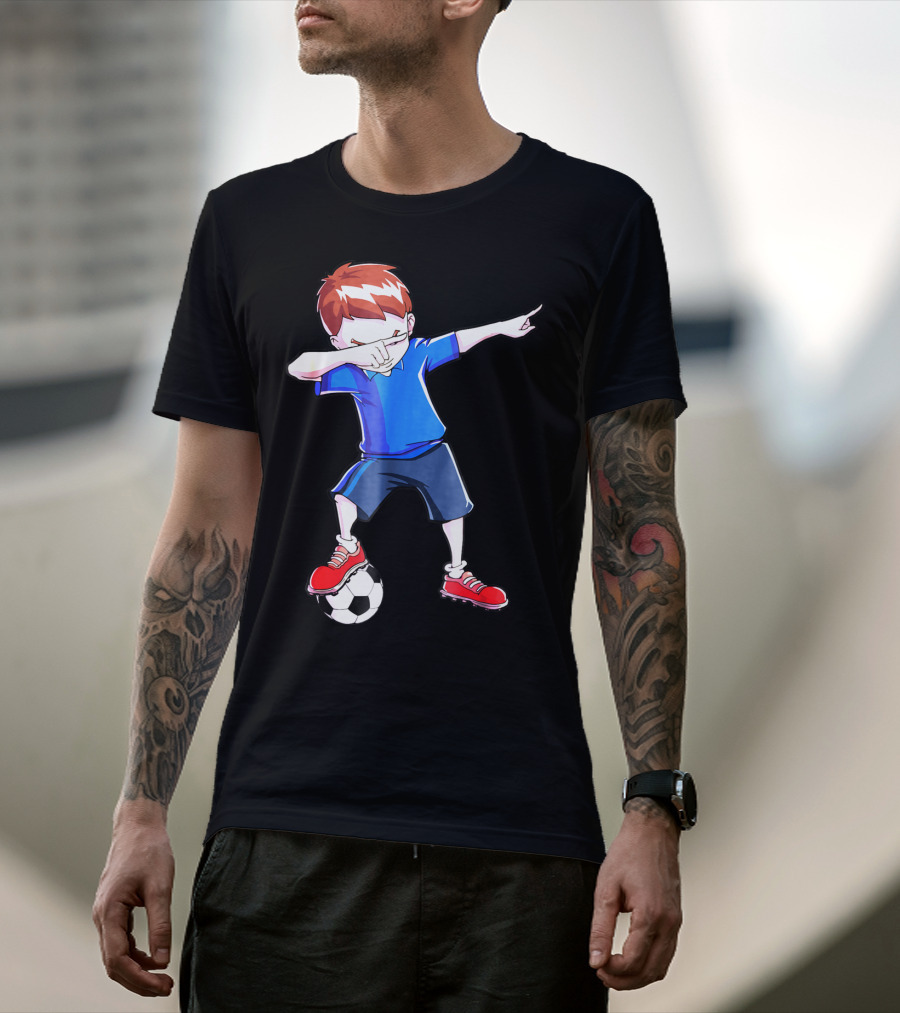 Dabbing Soccer Dab Funny Football Kid In Blue Shirt And Red Shoes T-Shirt