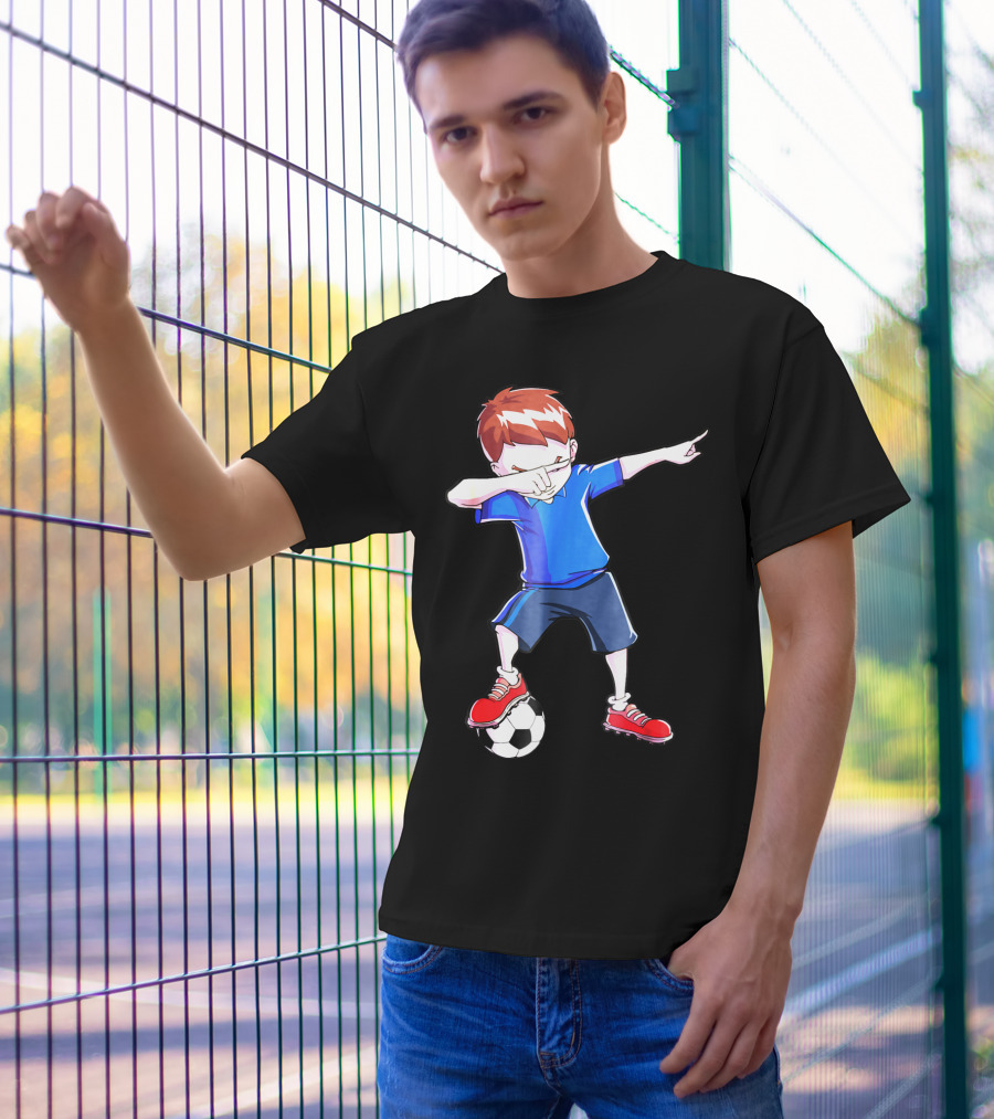 Dabbing Soccer Dab Funny Football Kid In Blue Shirt And Red Shoes T-Shirt