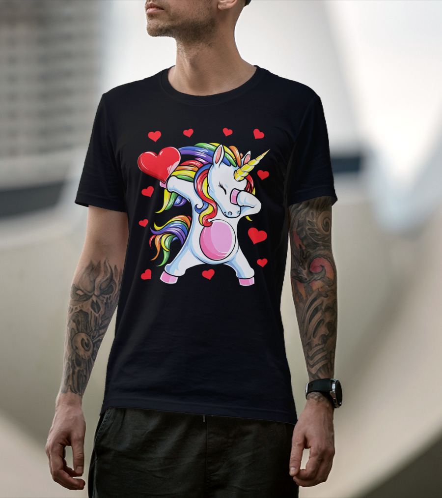 Valentines Day Dabbing Unicorn With Heart And Rainbow Mane T-Shirt