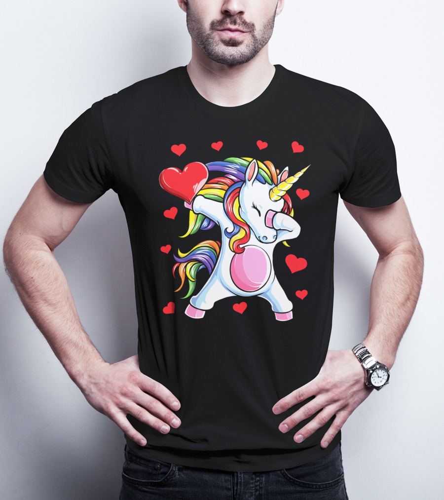 Valentines Day Dabbing Unicorn With Heart And Rainbow Mane T-Shirt