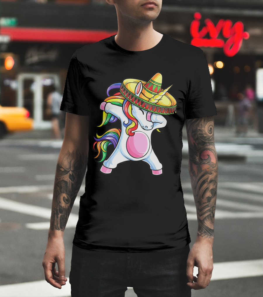 Dabbing Unicorn With Rainbow Hair And Sombrero Celebrating Cinco De Mayo T-Shirt