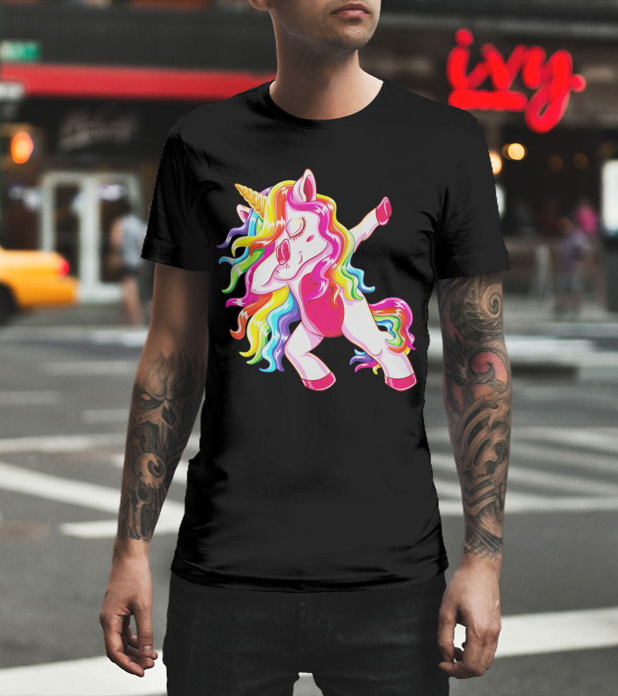 Dabbing Rainbow Unicorn With Long Hair Dab Dance T-Shirt