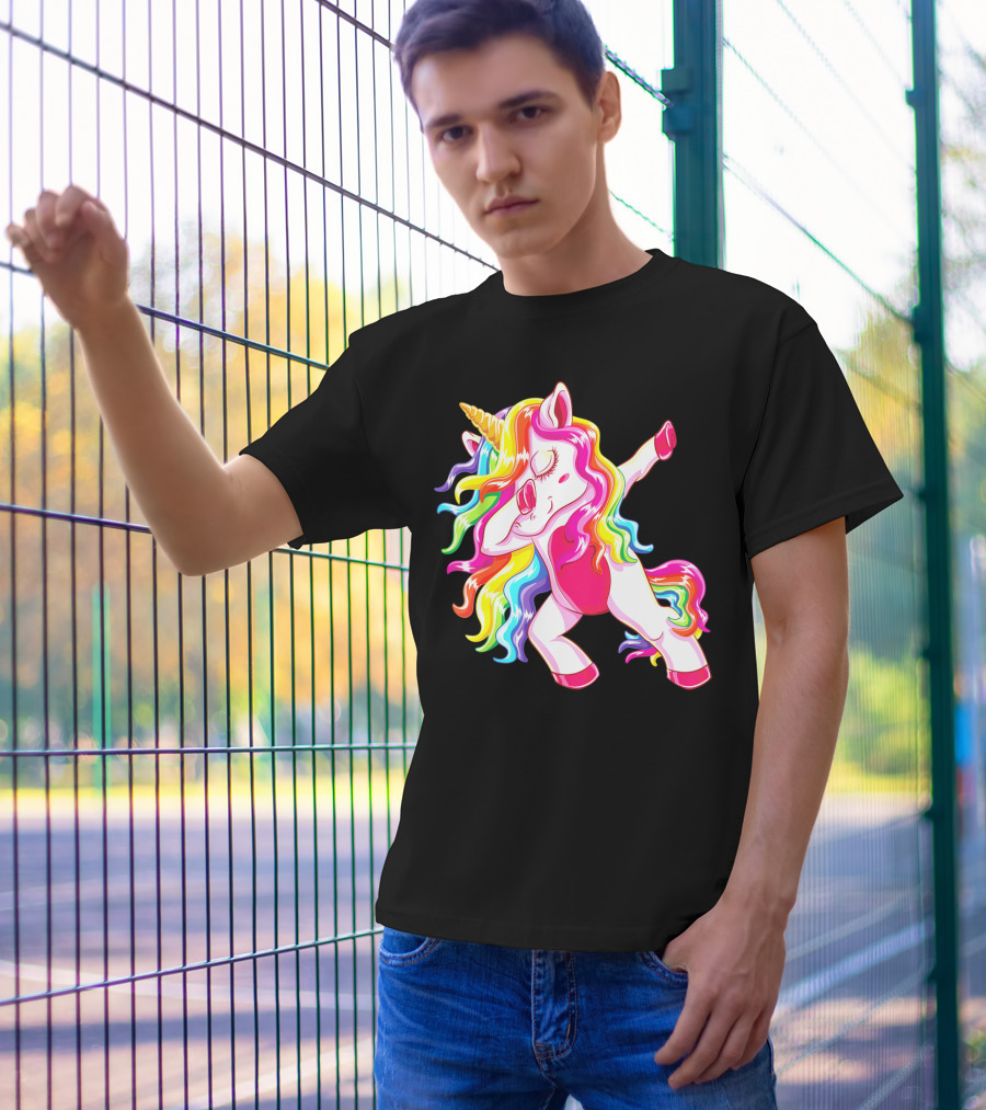 Dabbing Rainbow Unicorn With Long Hair Dab Dance T-Shirt