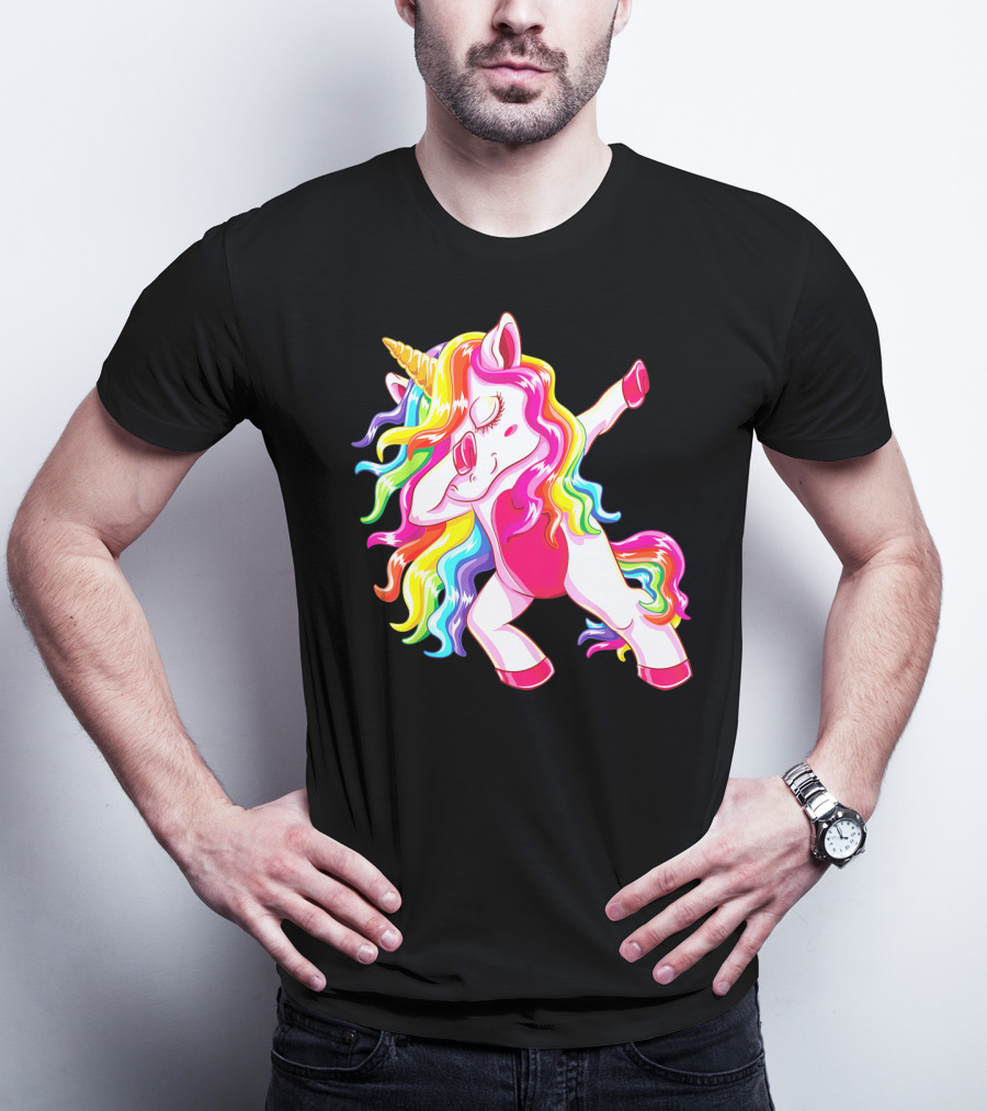 Dabbing Rainbow Unicorn With Long Hair Dab Dance T-Shirt