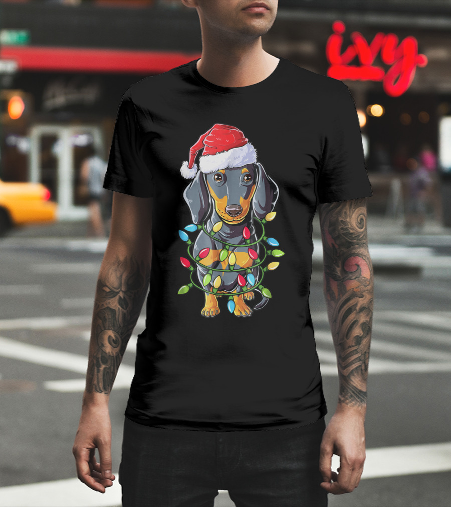 Dachshund Christmas Dog Wrapped In Santa Hat And Xmas Tree Lights T-Shirt