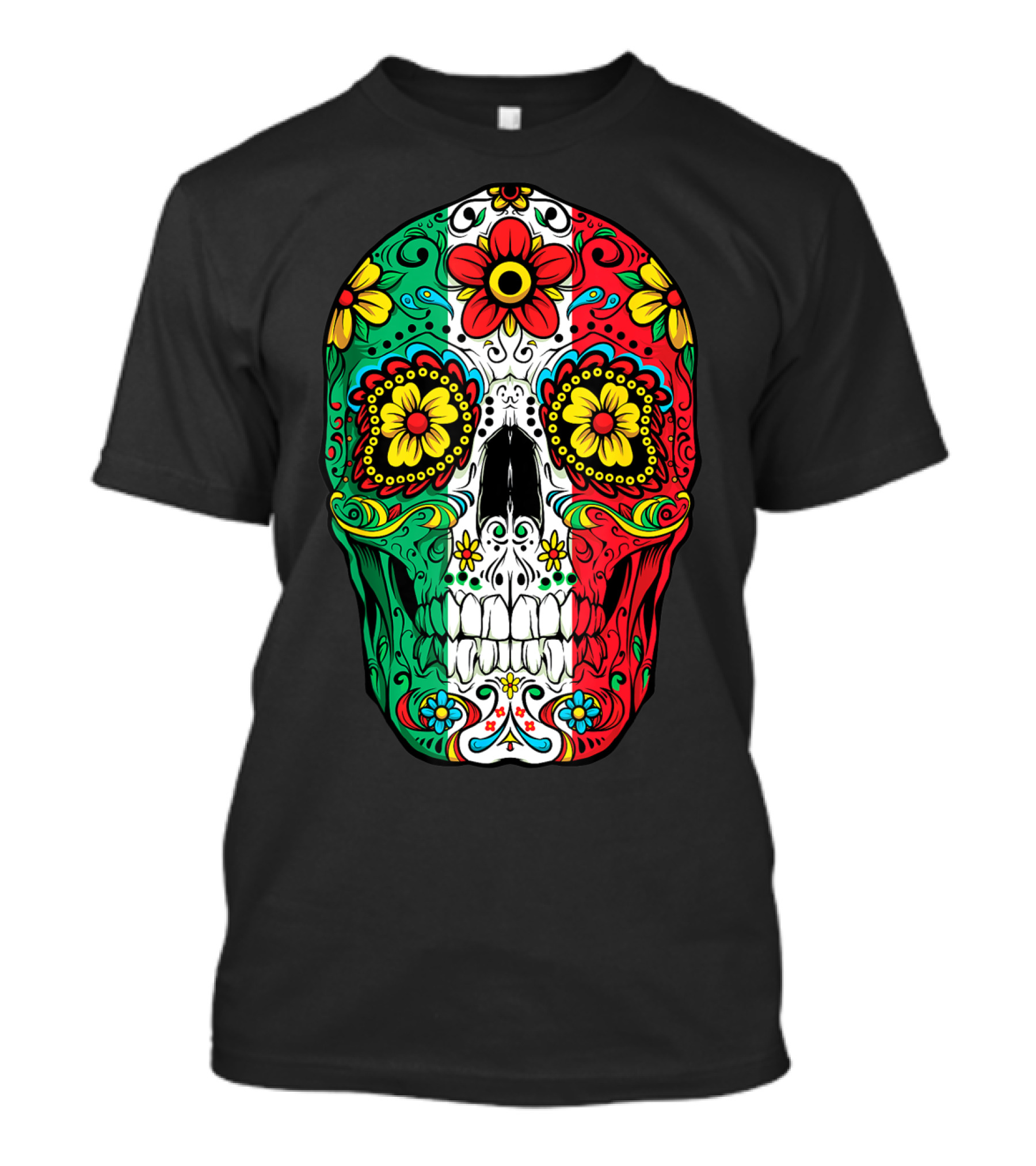Day Of The Dead Sugar Skull Mexican Flag Flowers Colorful T-Shirt