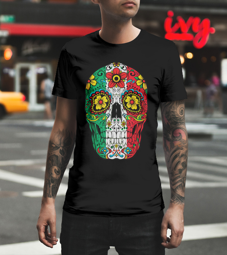 Day Of The Dead Sugar Skull Mexican Flag Flowers Colorful T-Shirt