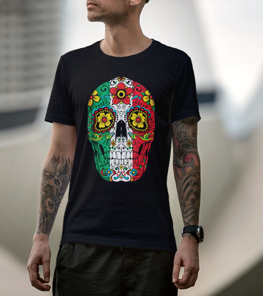 Day Of The Dead Sugar Skull Mexican Flag Flowers Colorful T-Shirt
