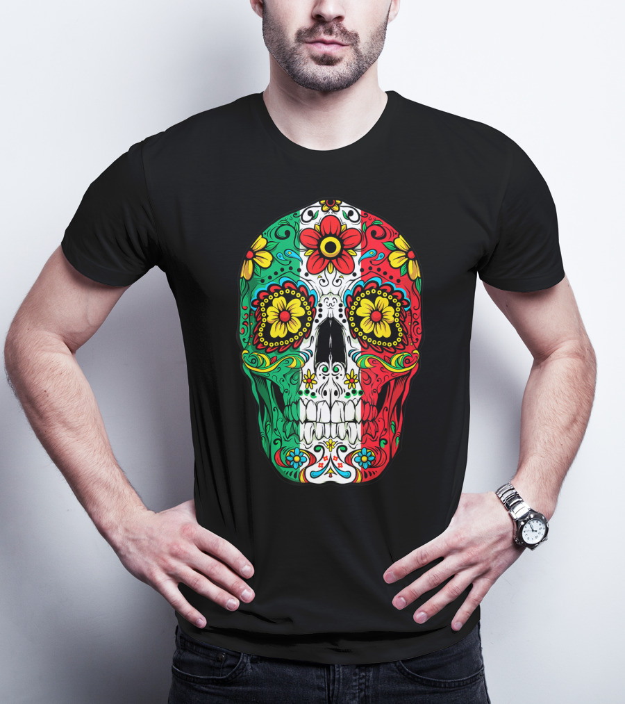Day Of The Dead Sugar Skull Mexican Flag Flowers Colorful T-Shirt