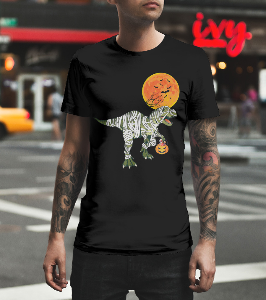 Dinosaur Halloween Mummy With Pumpkin And Full Moon Background T-Shirt