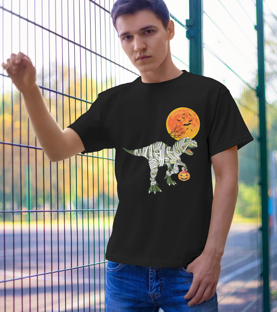 Dinosaur Halloween Mummy With Pumpkin And Full Moon Background T-Shirt
