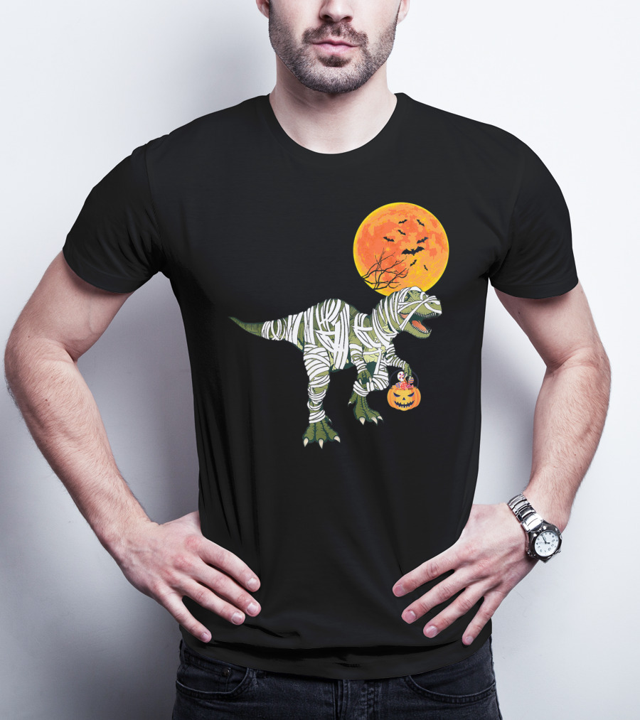 Dinosaur Halloween Mummy With Pumpkin And Full Moon Background T-Shirt