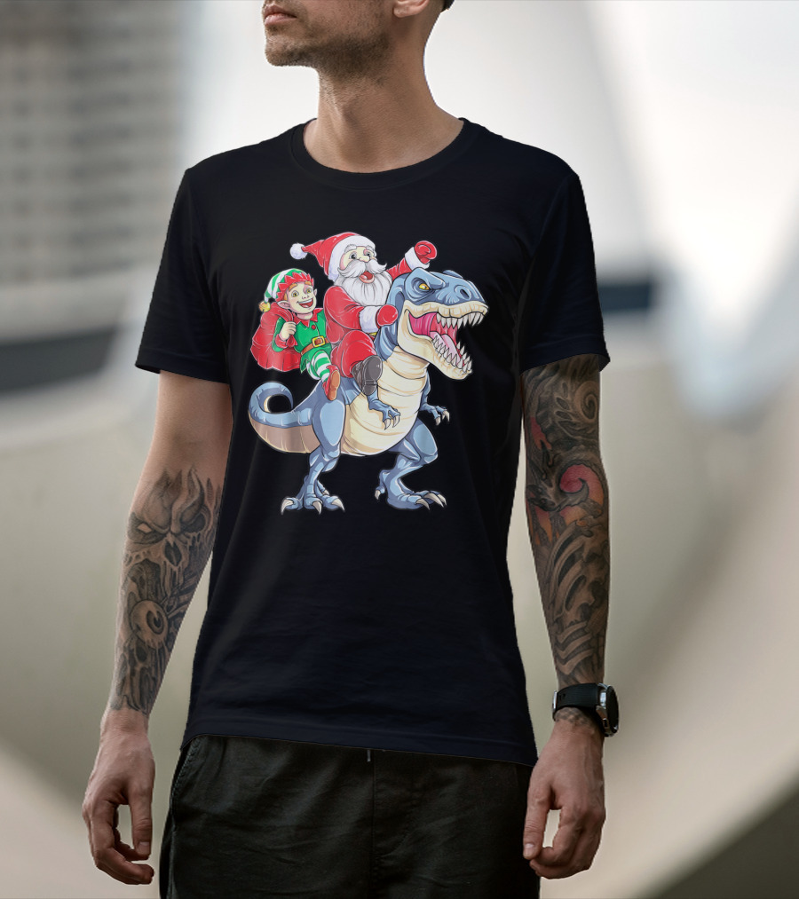 Dinosaur Christmas Santa And Elf Riding T-Rex T-Shirt