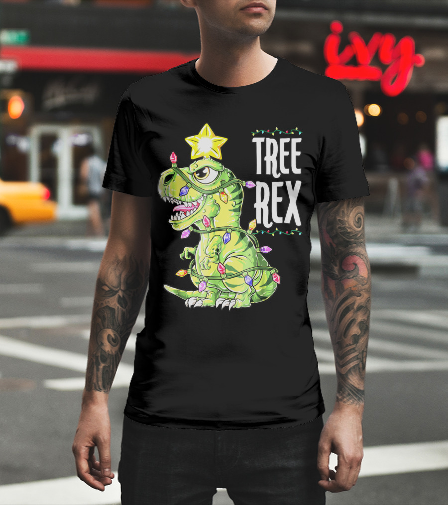 Tree Rex Dinosaur Christmas Lights Boys T-Shirt